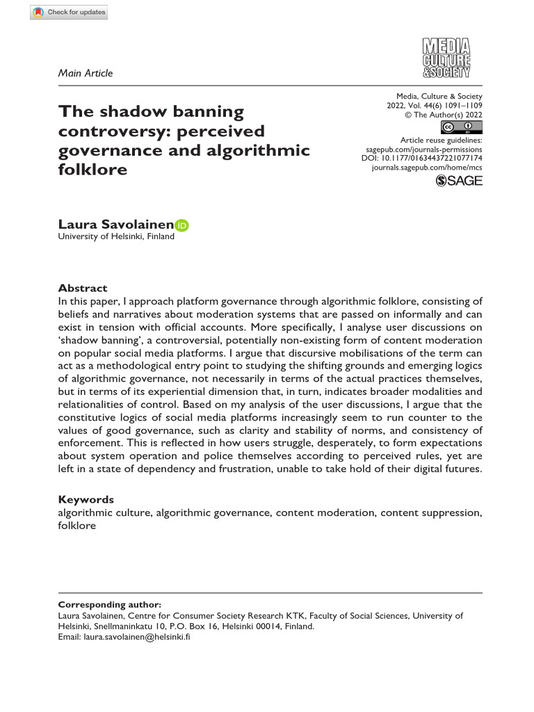 Savolainen 2022 The Shadow Banning Controversy Perceived Governance and ...
