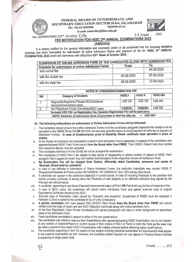 Fee Notification HSSC 2A23 Abroad | PDF