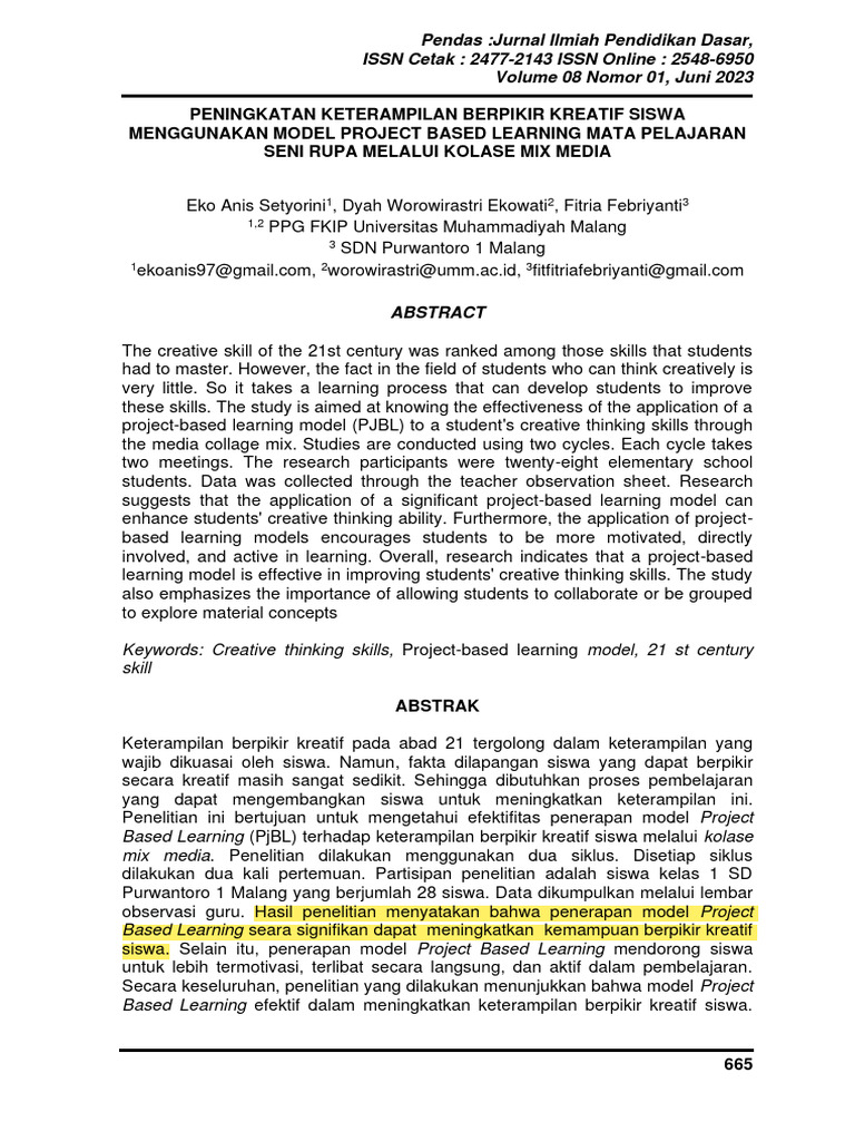 Peningkatan Keterampilan Berpikir Kreatif Siswa Menggunakan Model Project Based Learning Mata ...