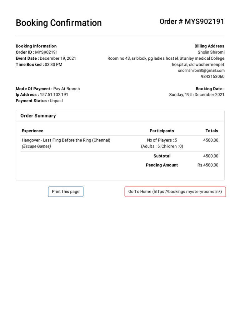 Mystery Rooms - Booking Confirmation | PDF