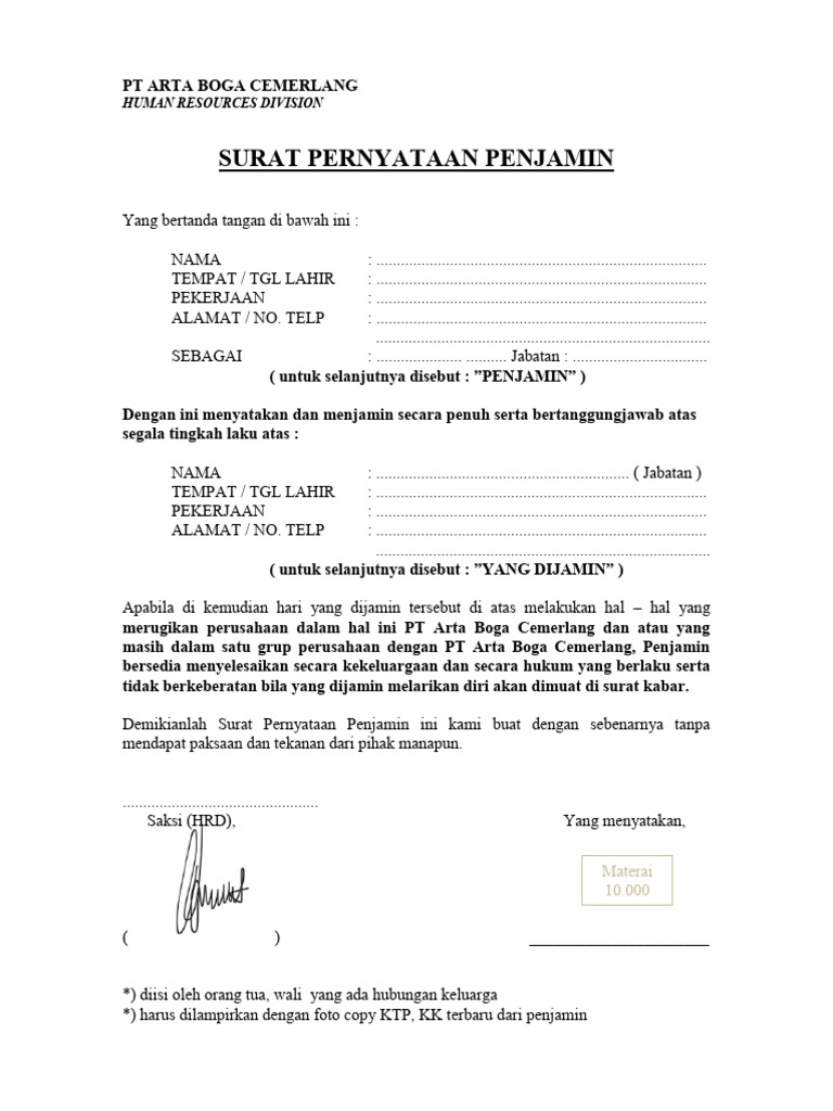 Surat Pernyataan Penjamin | PDF