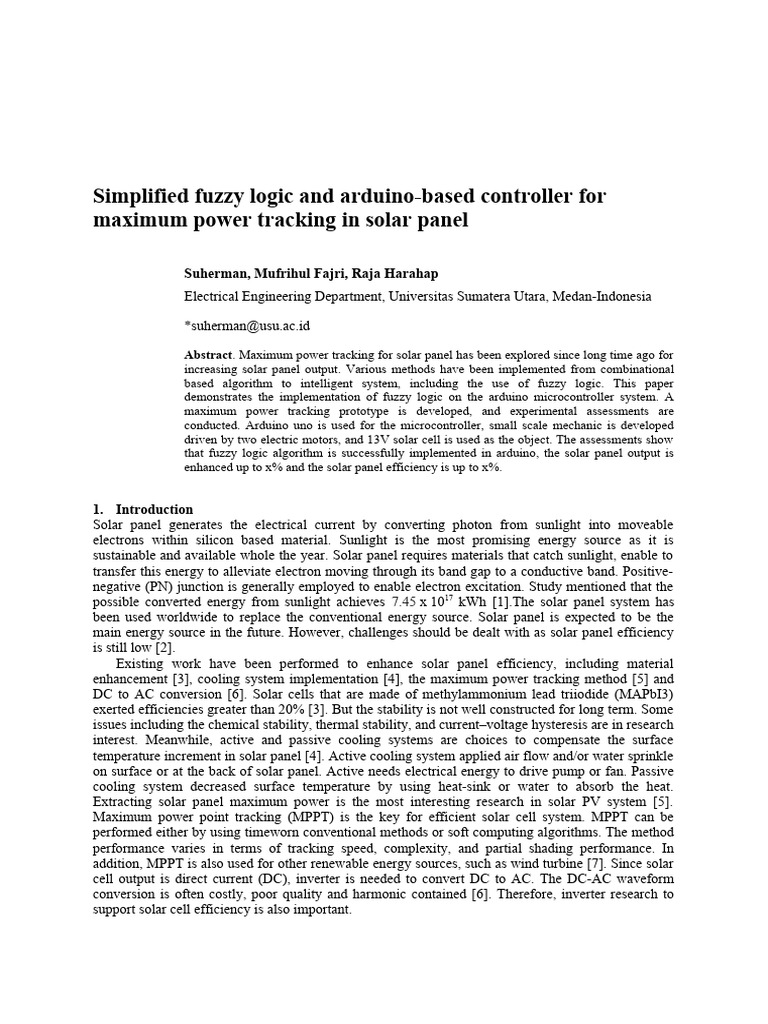 Simplified Fuzzy Logic and Arduino-Based Controller For Maximum Power Tracking in Solar Panel ...