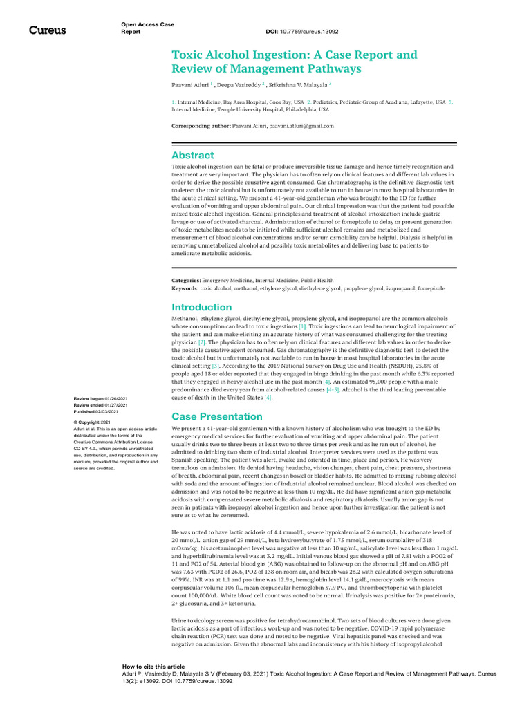 Toxic Alcohol Ingestion - A Case Report and Review of Management ...