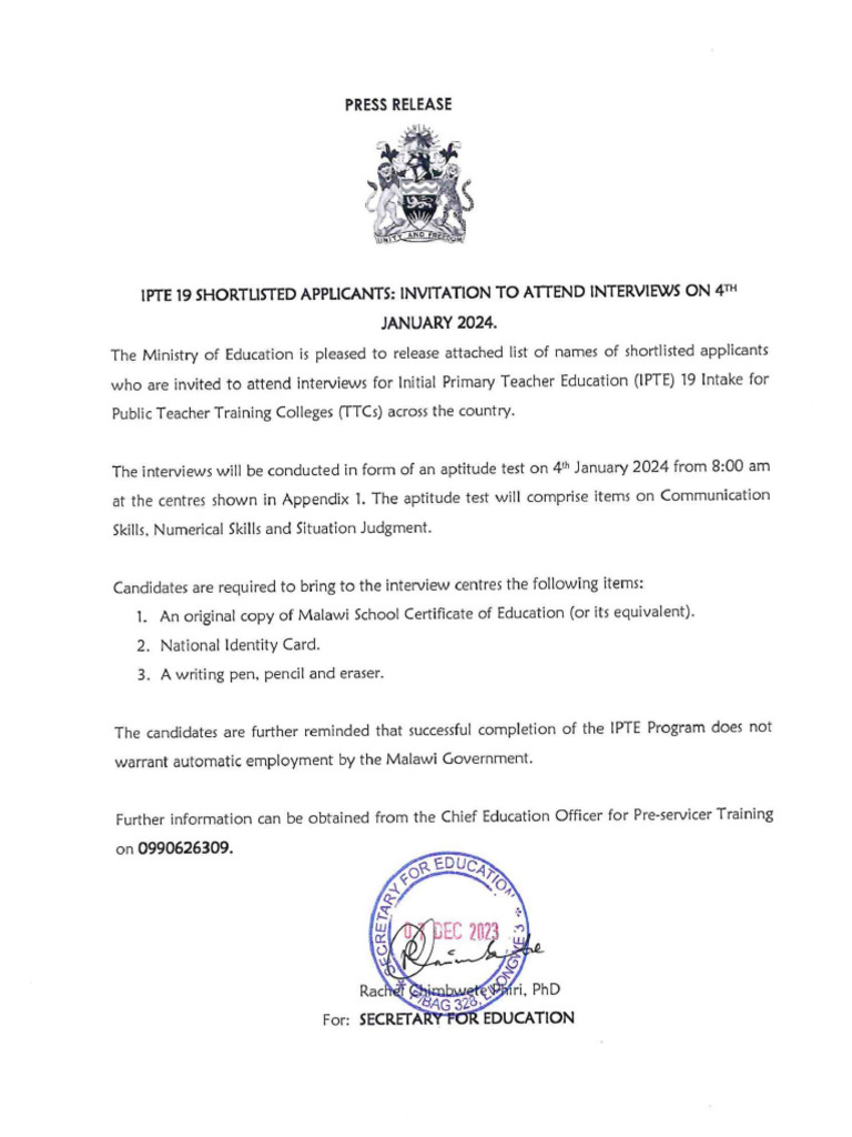 Press Release-IPTE 19 Shortlisted Applicants | PDF