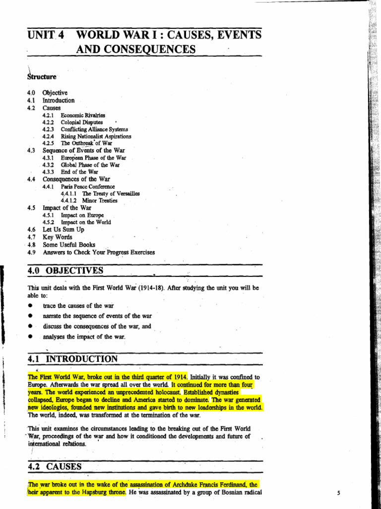 Unit. 4 World War I Causes, Events and Conseouences: Objectives | PDF ...