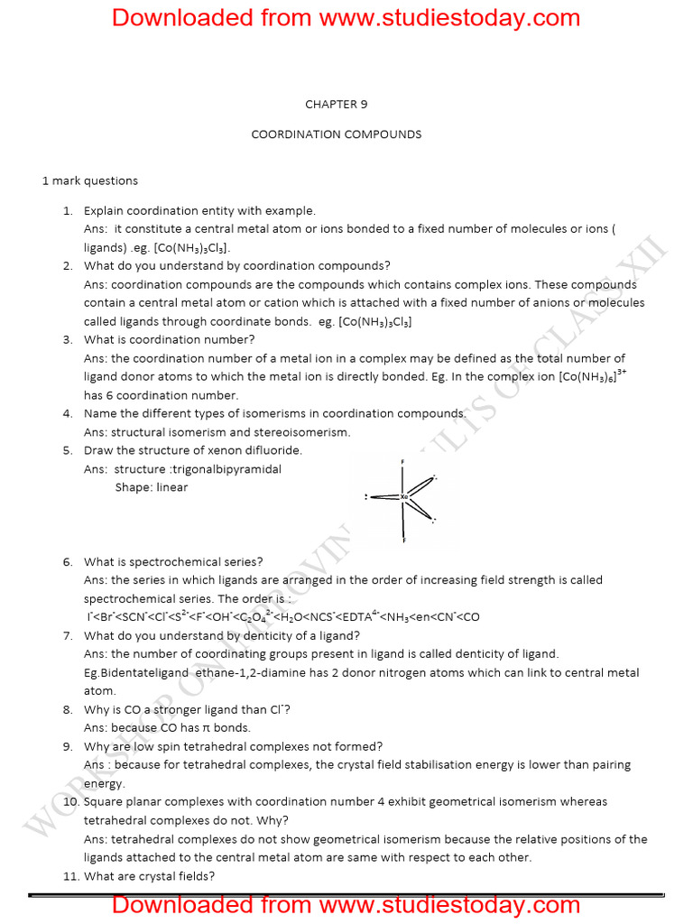CBSE Class 12 Chemistry Coordination Compounds | PDF