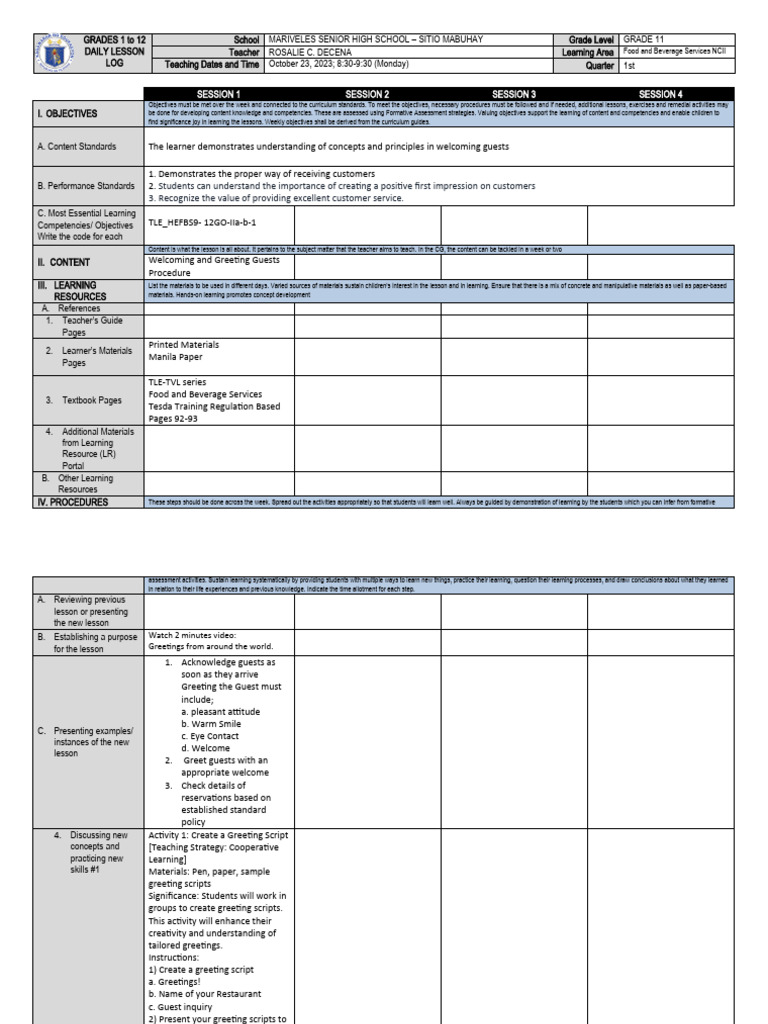 COT1 DLL - Welcoming and Greeting The Guest Procedure | PDF | Learning | Teachers