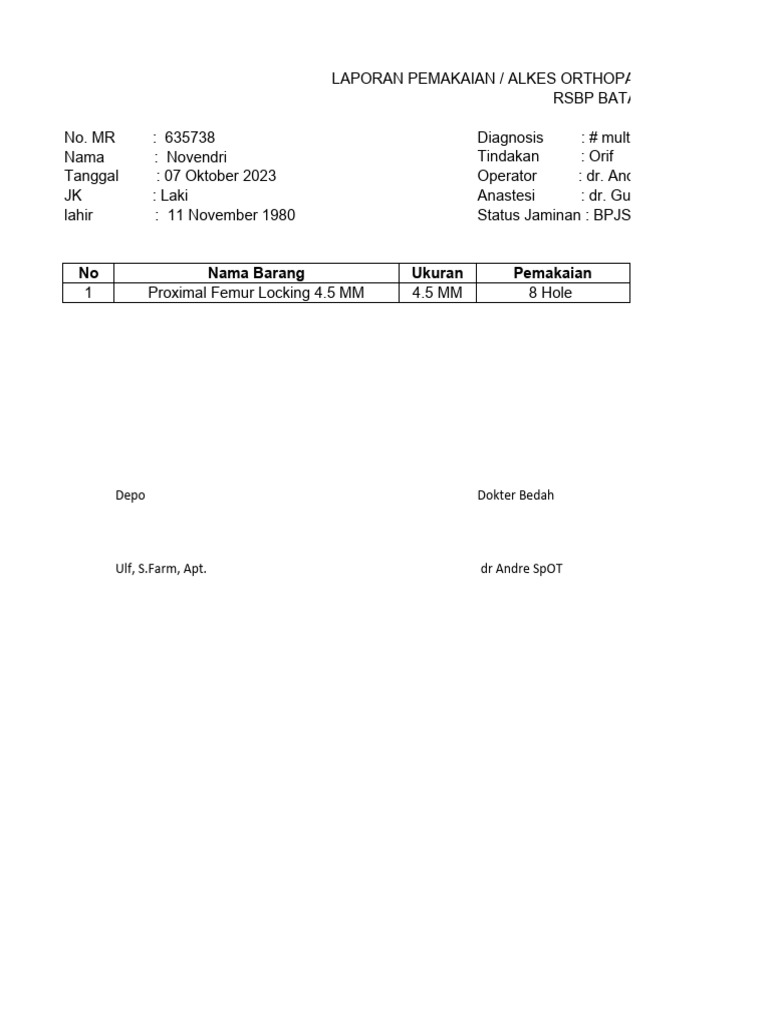 7 Okt 2023 LAPORAN PEMAKAIAN IMPLAN GPC | PDF