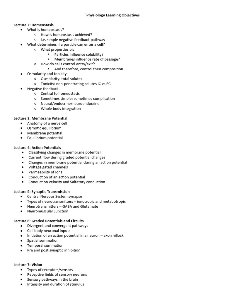 Physiology Learning Objectives | PDF