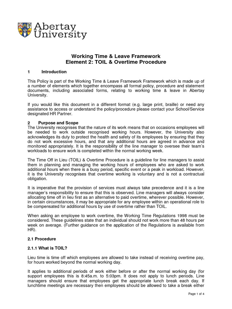 TOIL & Overtime Procedure Guide | PDF | Overtime | Employment