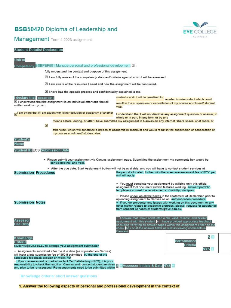 BSBPEF501 Assignment Guide 2023 | PDF