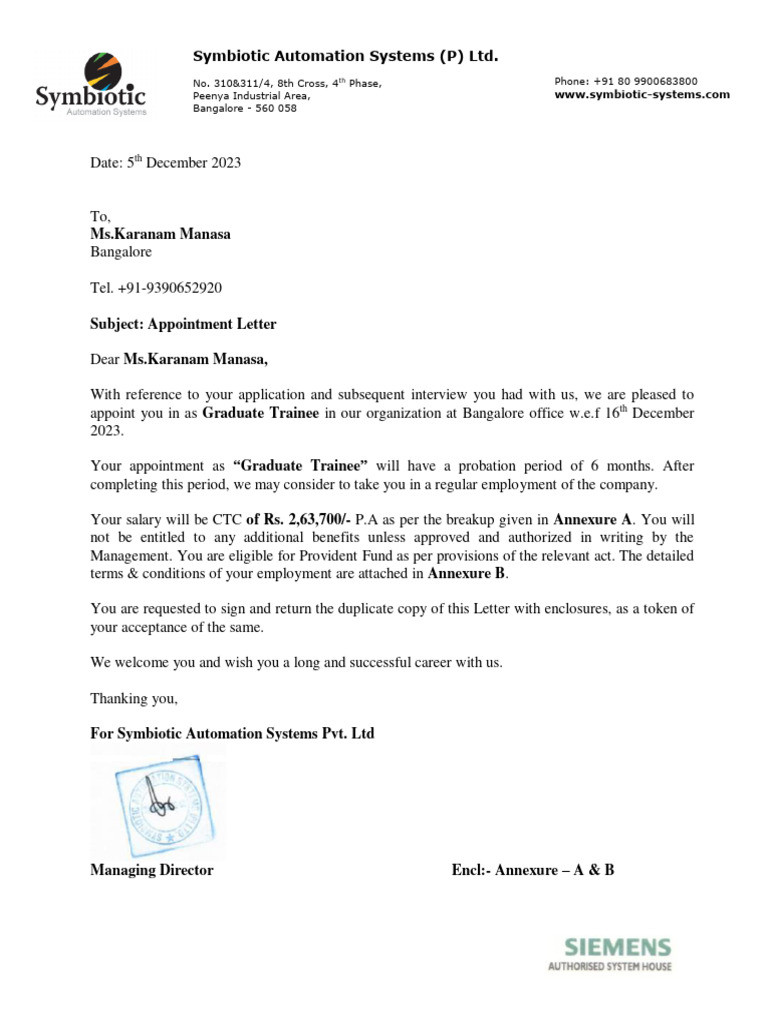 Opo - Letter Karanam Manasa | PDF | Salary | Employment