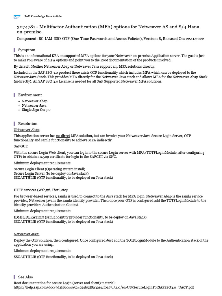 Multifactor Authentication (MFA) Options For Netweaver AS and S4HANA On-Premise | PDF | Computer ...