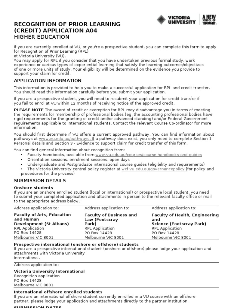 A04 Recognition of Prior Learning Credit Application Sample | Further ...