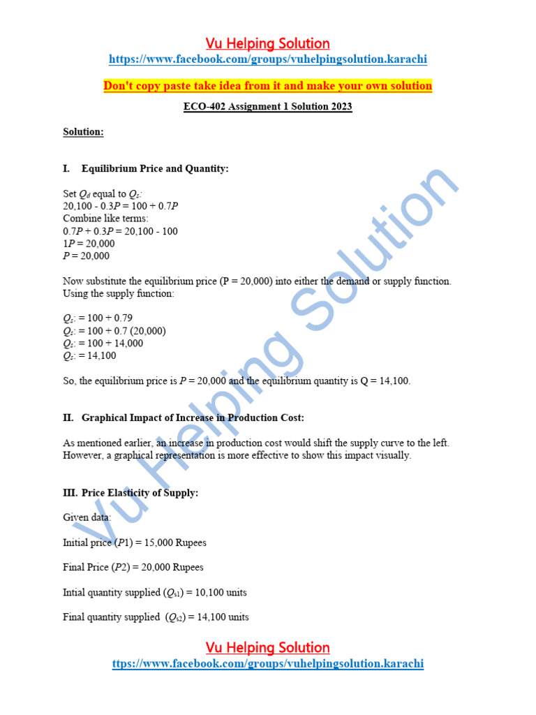 ECO402 Assignment 1 Solution 2023 | PDF | Economic Equilibrium | Supply (Economics)