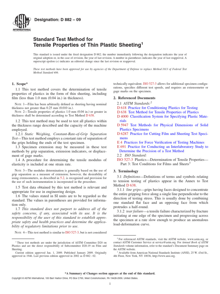ASTM D 0882-09 STM For Tensile Properties of Thin Plastic Sheeting ...