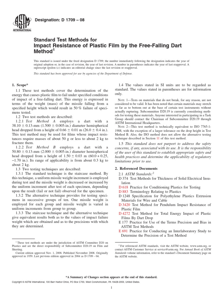 ASTM D 1709-08 STM For Impact Resistance of Plastic Film by The Free-Fal... | PDF | Engineering ...
