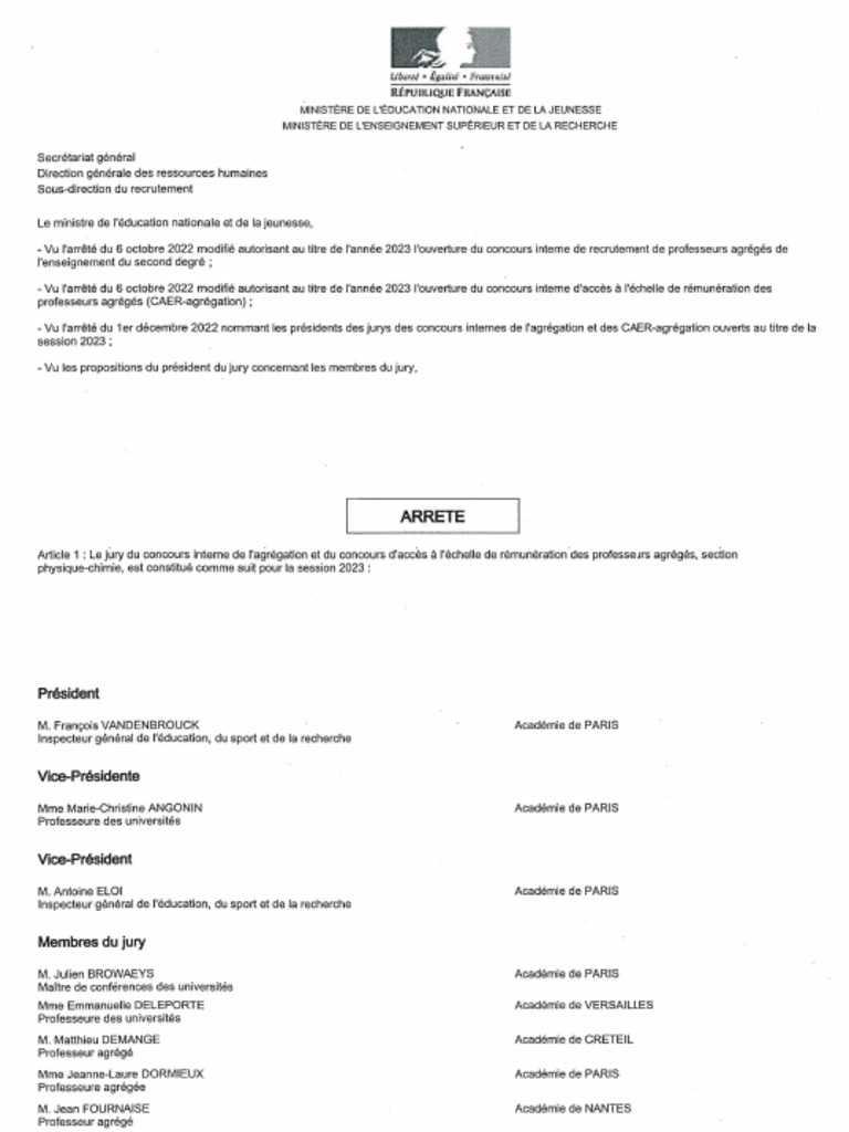 Agr Gation Interne Et Caer Pa Section Physique Chimie - Arr T Nommant Le Jury de La Session 2023 ...