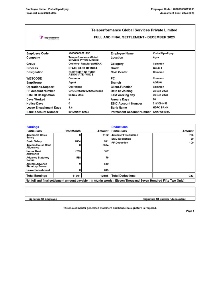 Teleperformance Global Services Private Limited: Full and Final ...