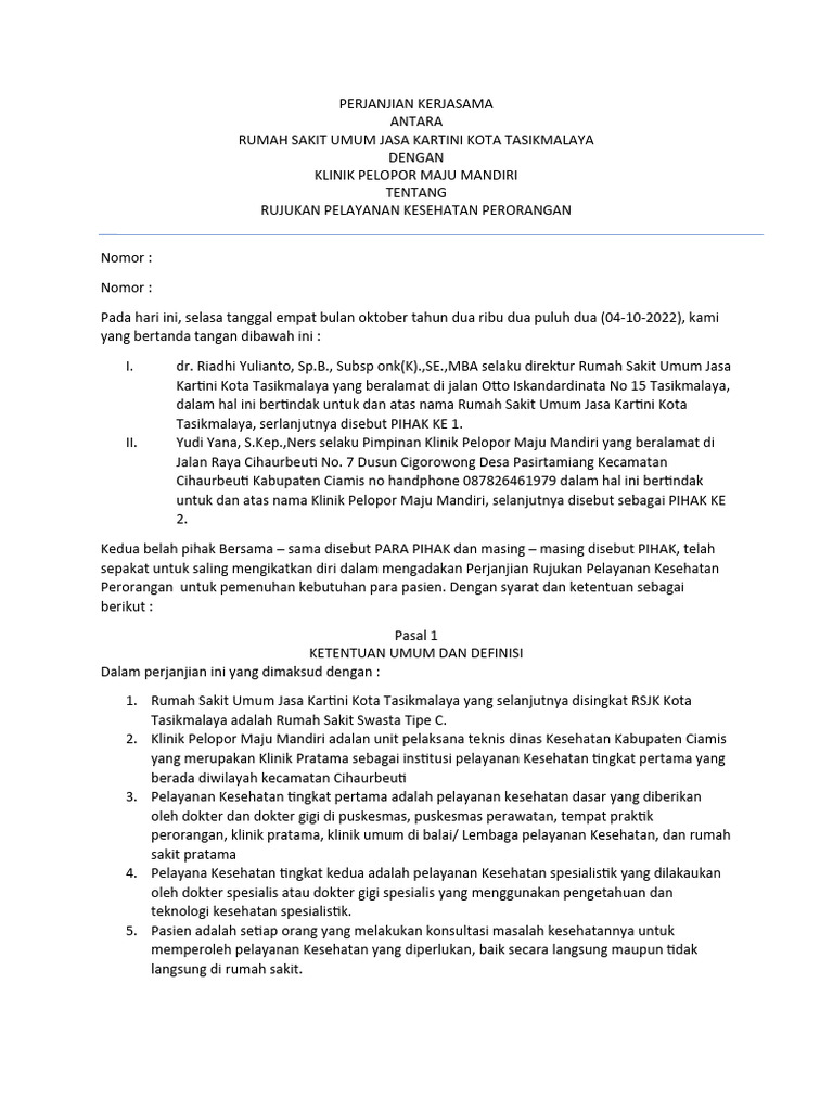 PERJANJIAN KERJASAMA Dengan JK - 123126 | PDF | Kesehatan Holistik