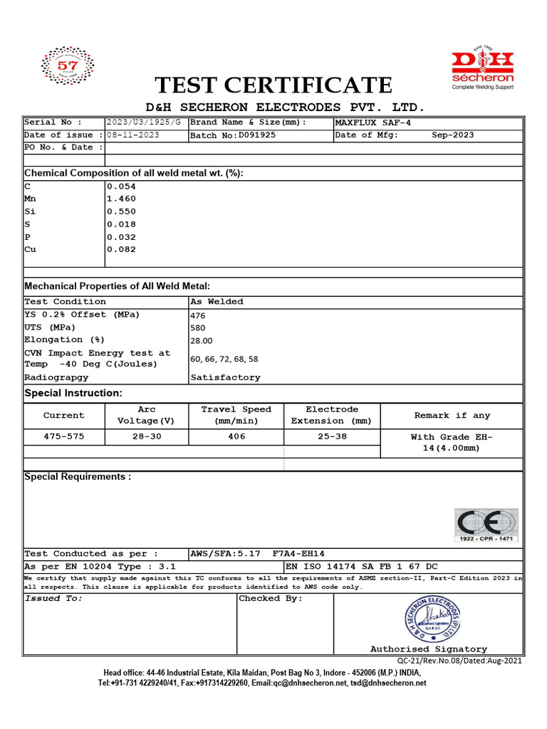 Test Certificate: D&H Secheron Electrodes Pvt. LTD | PDF | Construction ...