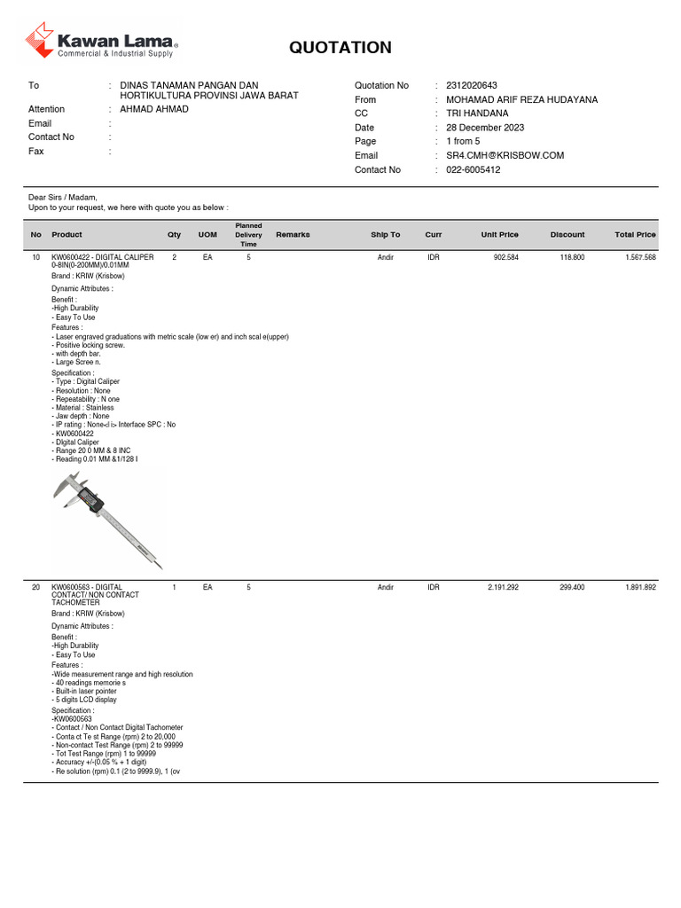 Quotation for Dinas Tanaman Pangan | PDF | Equipment