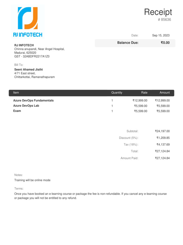 Azure DevOps Training Receipt | PDF