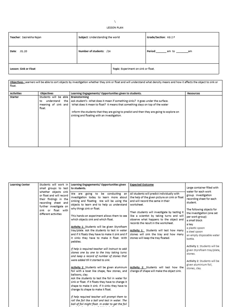 Sink or Float Lesson Plan 28.01.20 | PDF | Lesson Plan | Density
