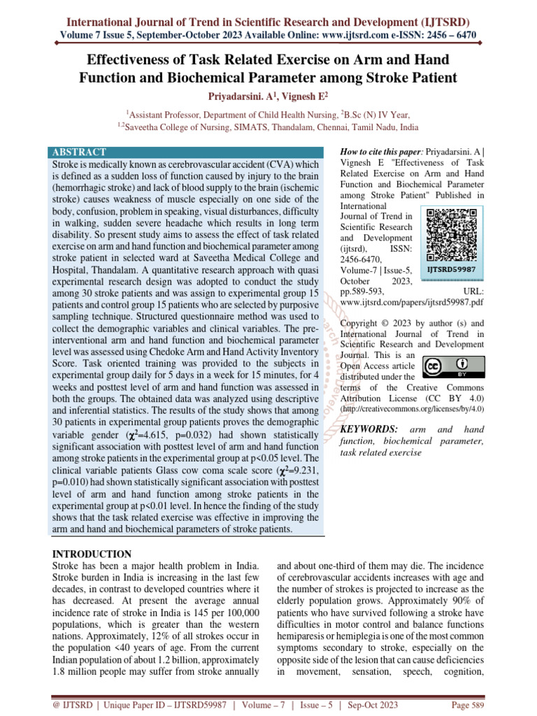 Effectiveness of Task Related Exercise On Arm and Hand Function and Biochemical Parameter Among ...