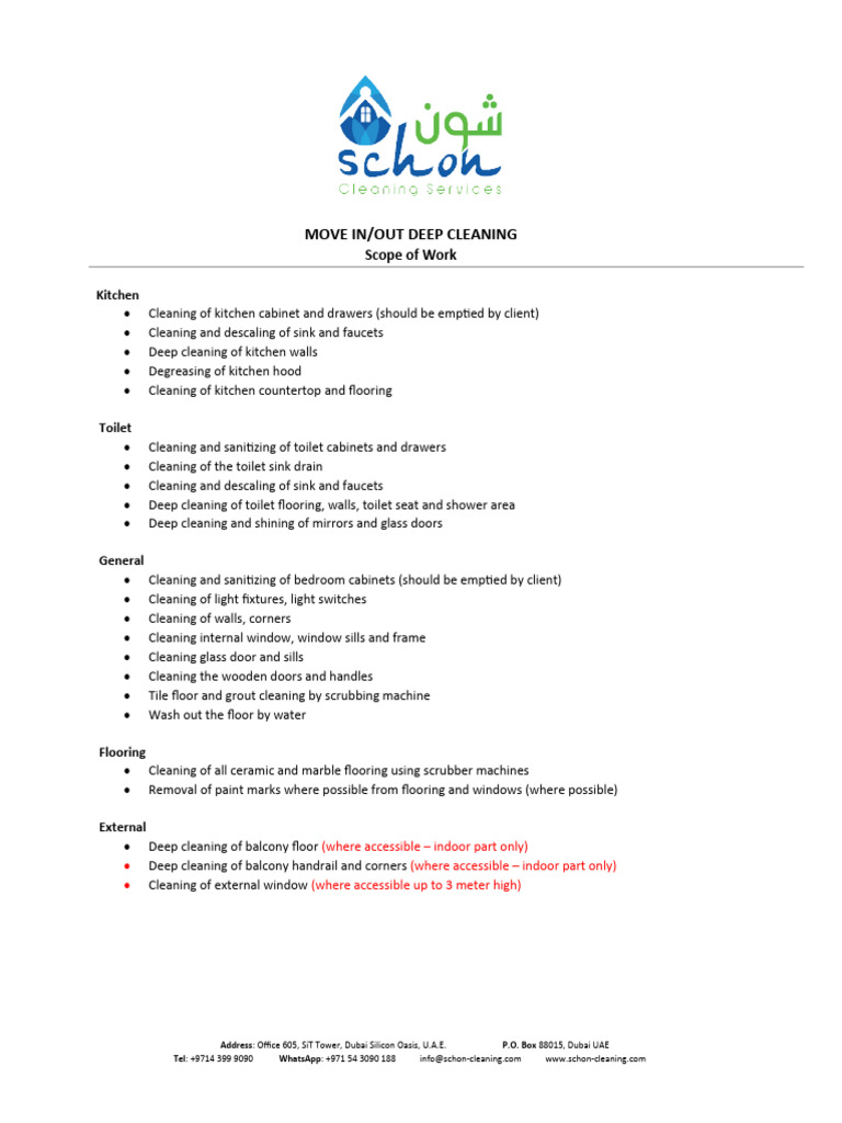 Deep Cleaning - Scope of Work | PDF
