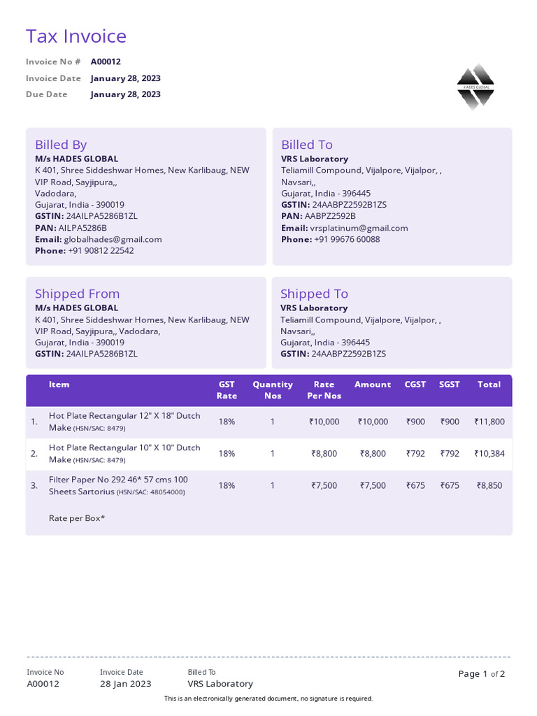 Tax Invoice A00012 Ms Hades Global Vrs Laboratory | PDF