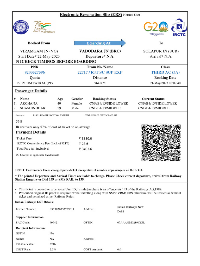 Electronic Reservation Slip for Train Booking | PDF | Taxation | Taxes