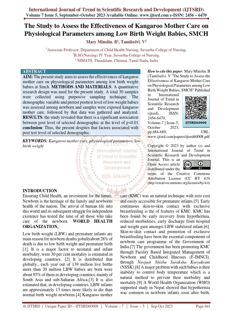 The Study To Assess The Effectiveness of Kangaroo Mother Care On Physiological Parameters Among ...