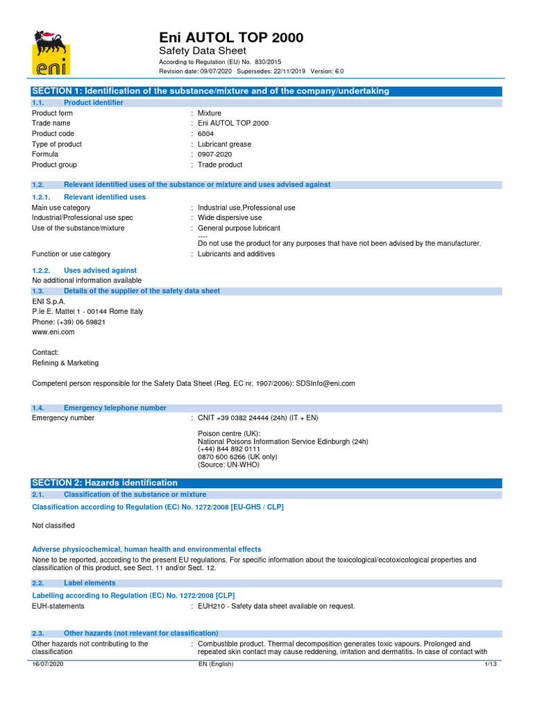 Eni Autol Top 2000 Msds | PDF | Chemistry | Physical Sciences