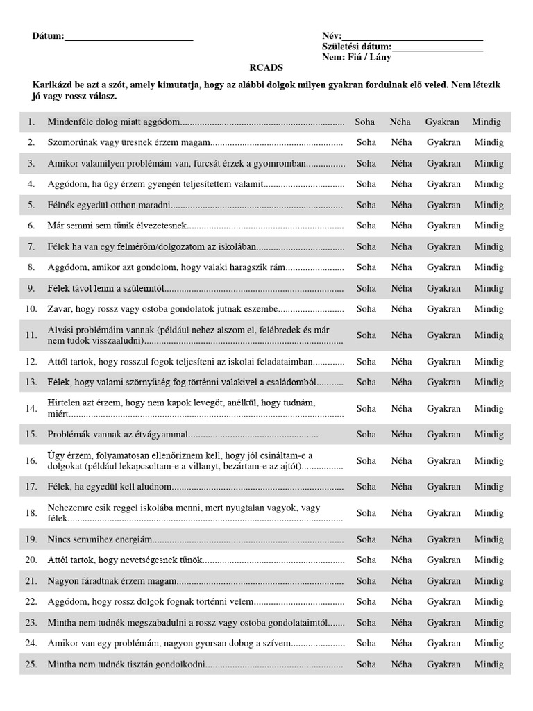 RCADS Gyerekek | PDF