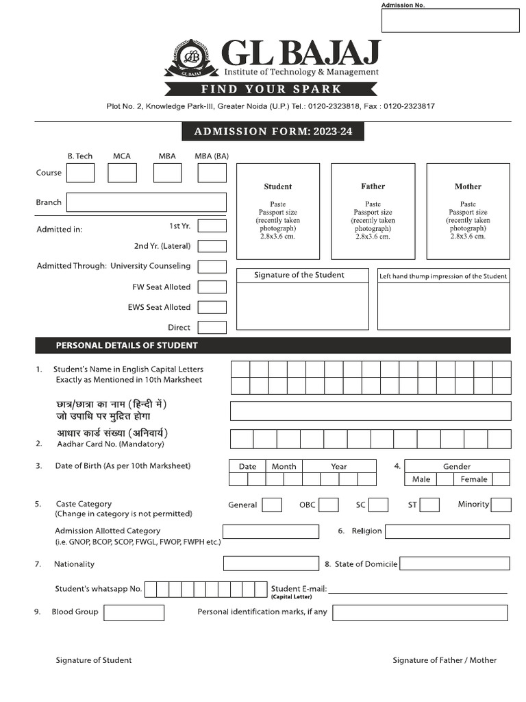 GL Bajaj Application Form | PDF