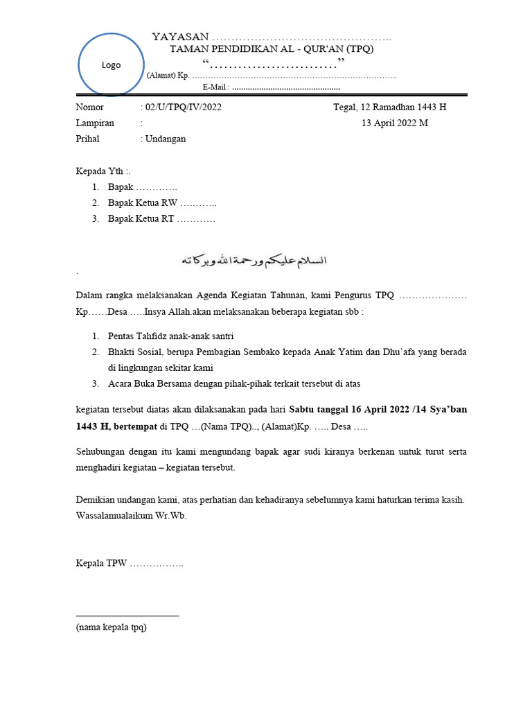 01 - Surat Undangan TPQ | PDF | Griya & Taman