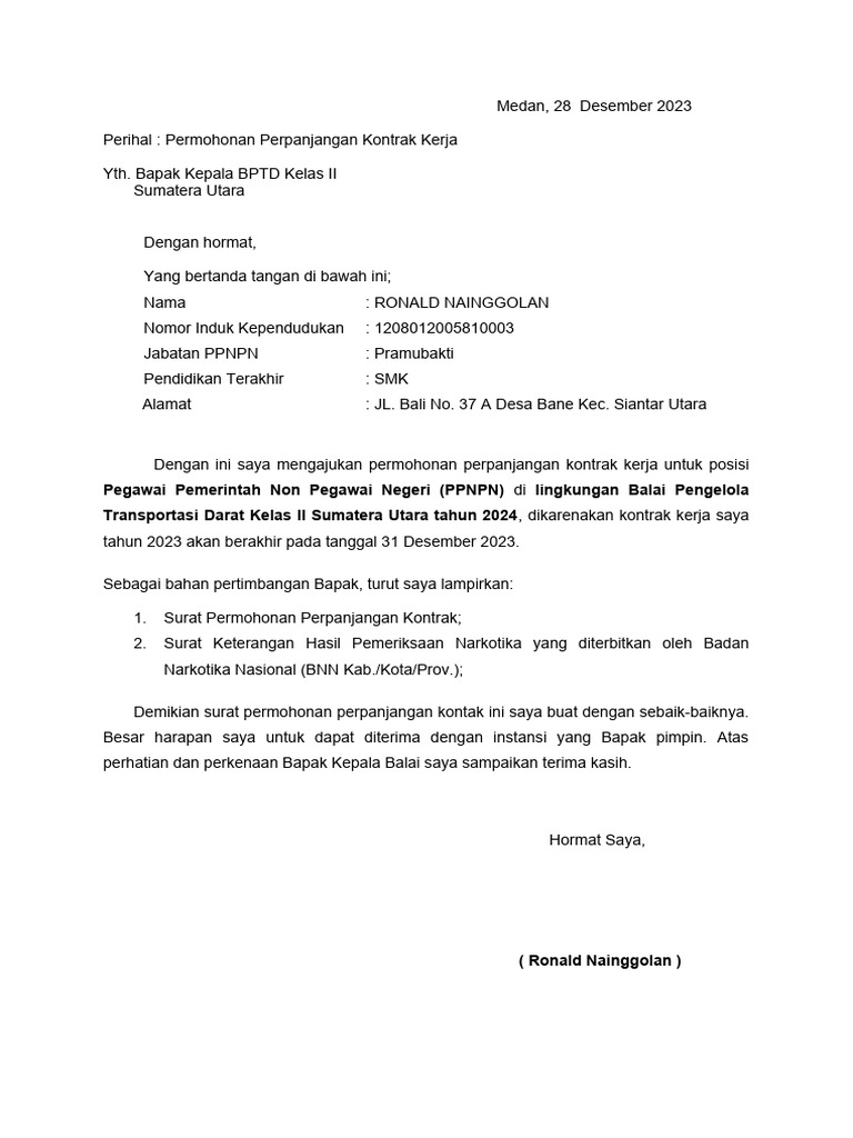 Surat Permohonan Perpanjangan Kontrak | PDF