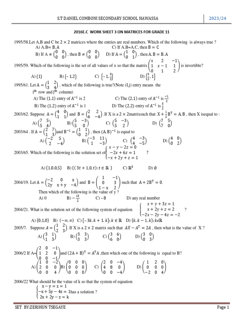 Maths Worksheet 3 Gr 11 Pdf Matrix Mathematics Mathematical Objects