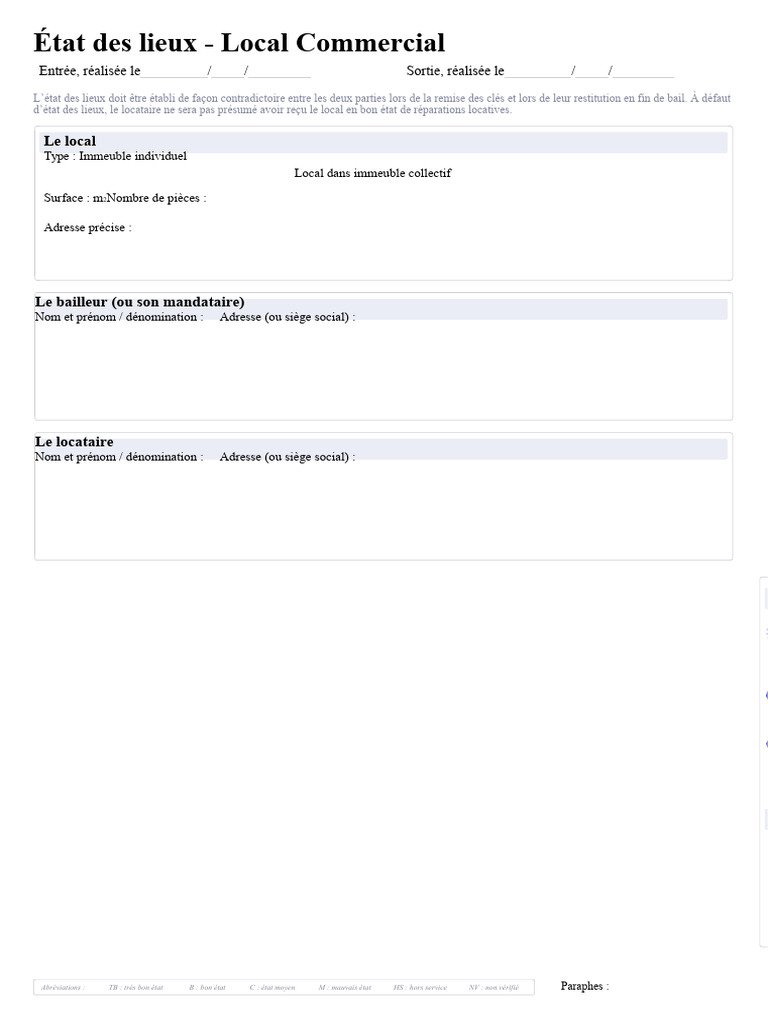 Etat Des Lieux Local Commercial 202 Word | PDF
