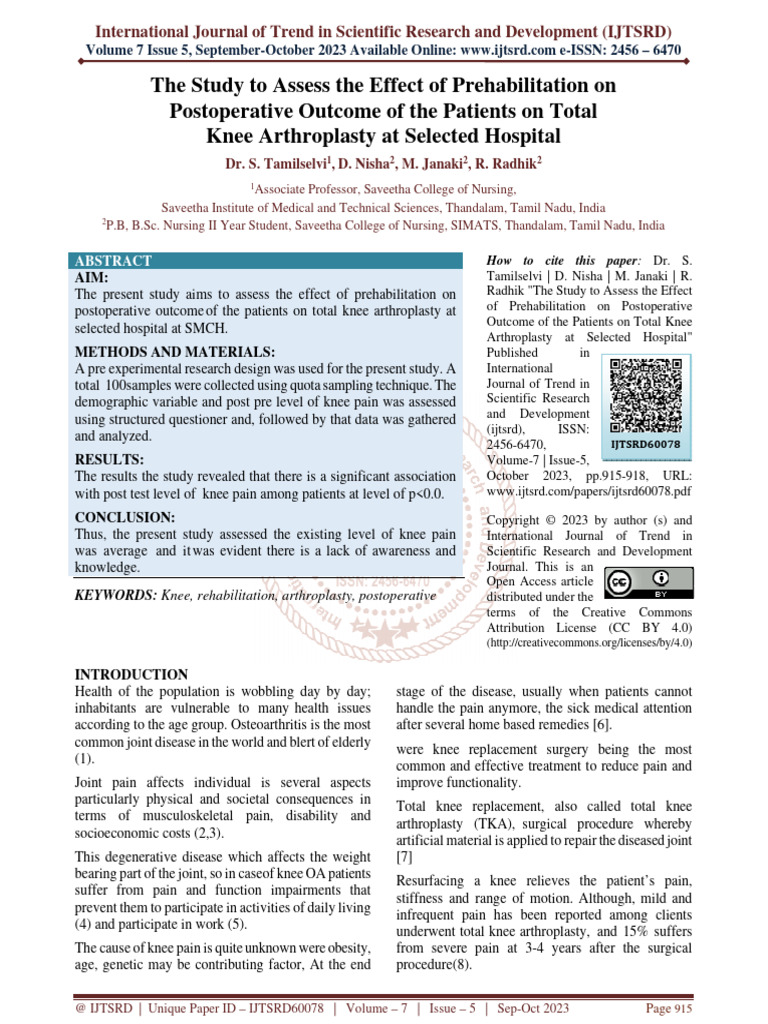 The Study To Assess The Effect of Prehabilitation On Postoperative Outcome of The Patients On ...