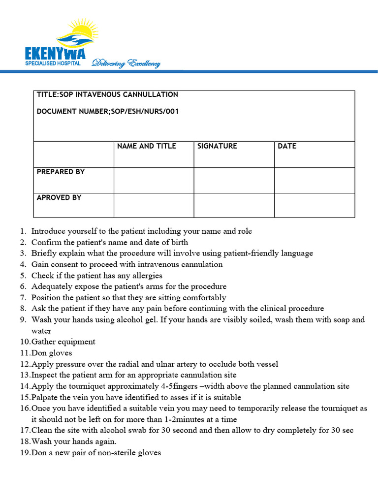 IV Cannulation SOP for Healthcare Providers | PDF