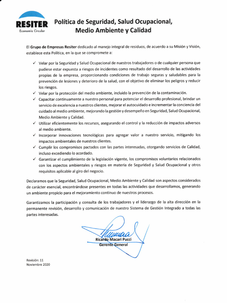 Política de Seguridad, Salud Ocupacional, Medio Ambiente y Calidad | PDF | Seguridad y salud ...