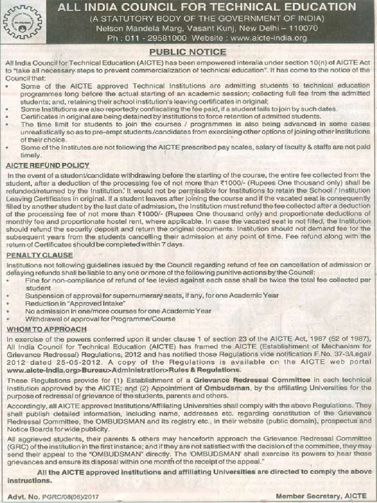 Aicte Fee Refund Policy | PDF