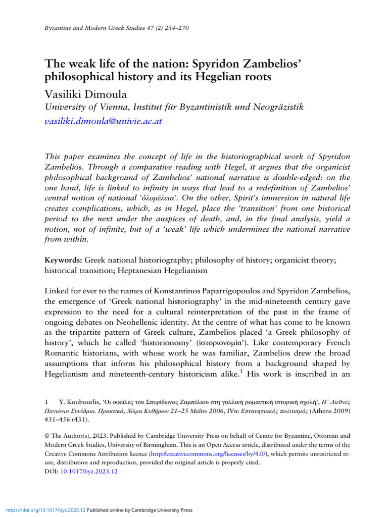 Weak Life of The Nation Spyridon Zambelios Philosophical History and ...