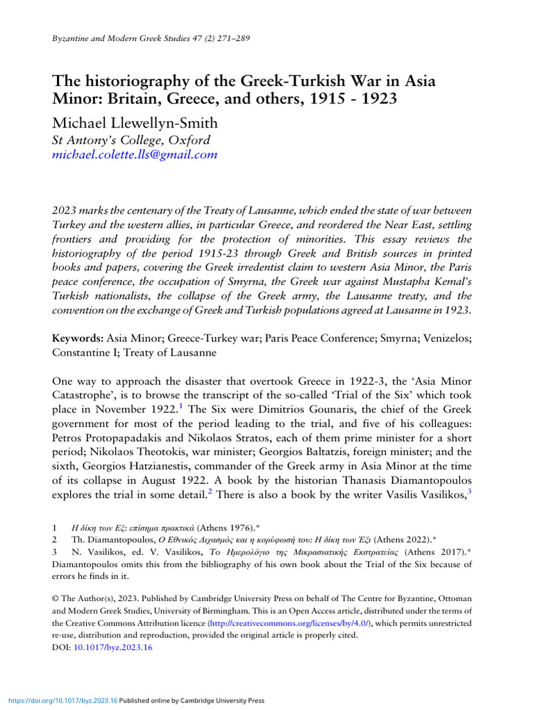 Historiography of The Greekturkish War in Asia Minor Britain Greece and ...