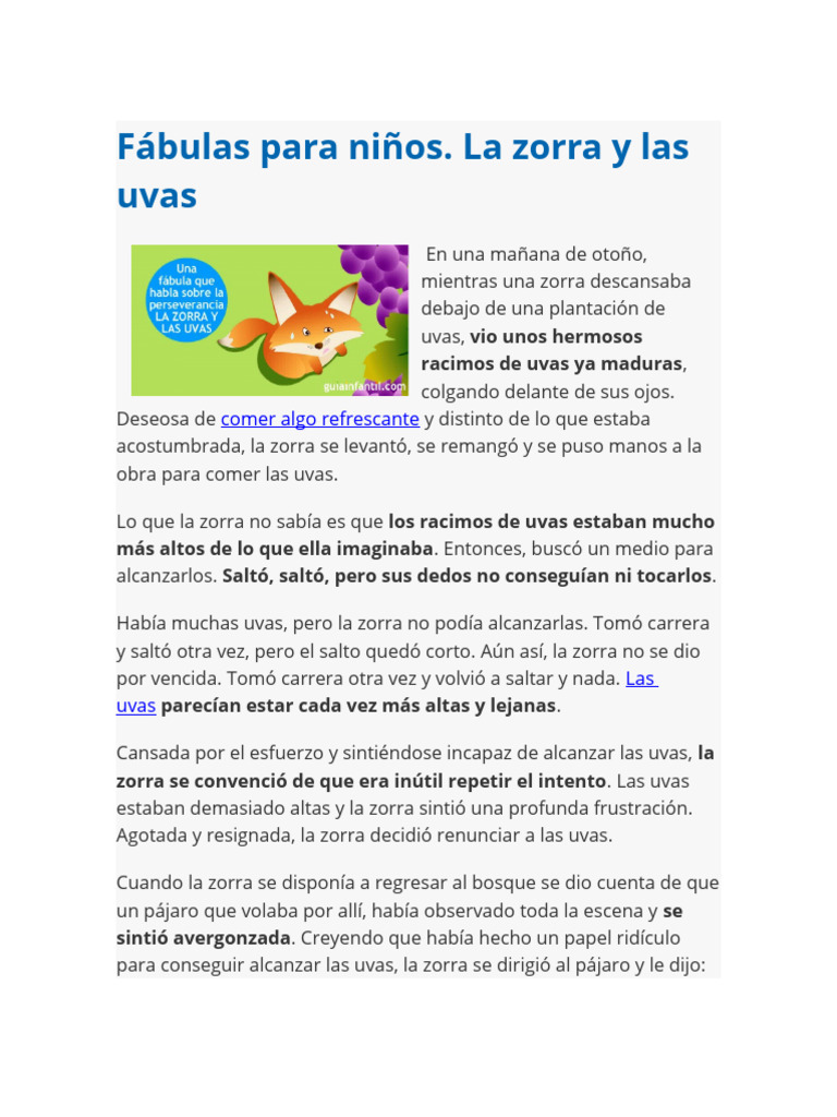 Fábulas para Niños La Zorra y Las Uvas | PDF