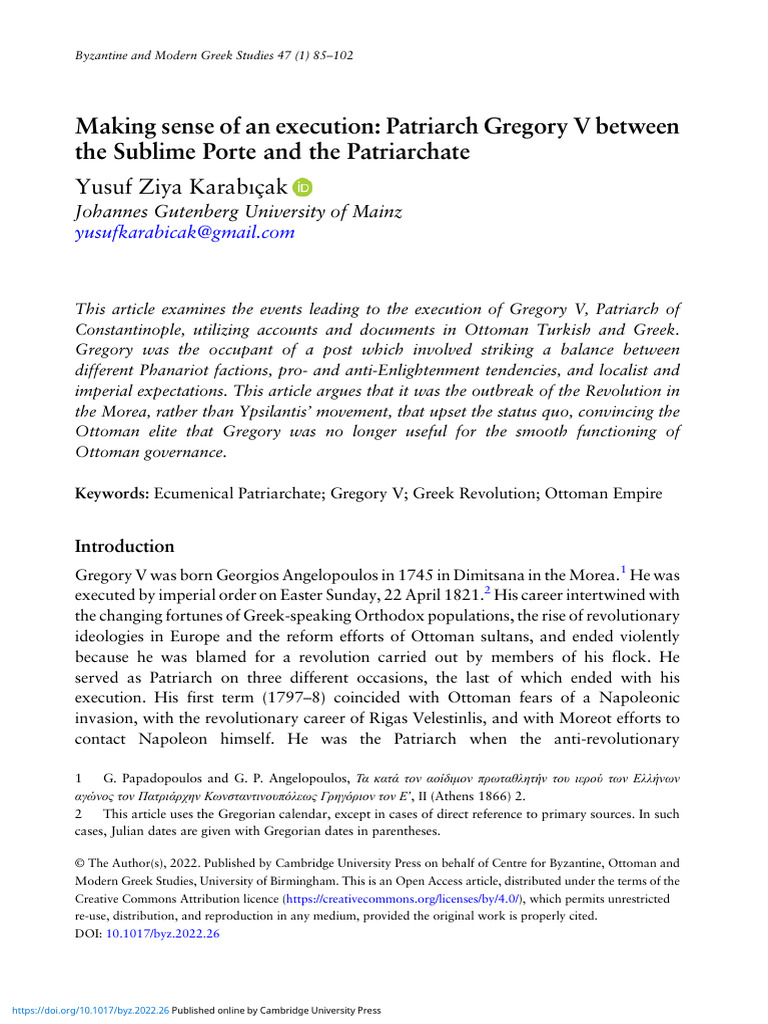 Making Sense of An Execution Patriarch Gregory V Between The Sublime ...