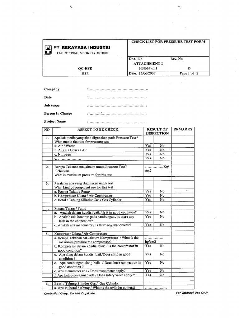 (HSE-FF-E.1) Checklist For Pressure Test Form | PDF