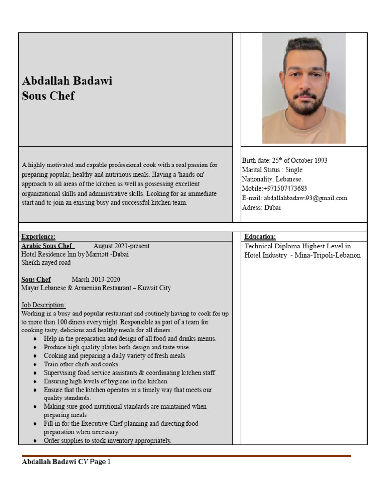 Abdallah Badawi CV 2022 | PDF | Chef | Restaurants